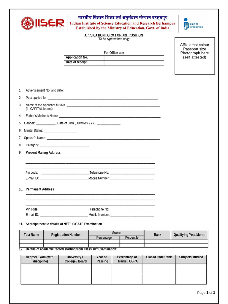 Biodata Form - JRF - Iiserbpr | PDF | Qualifications
