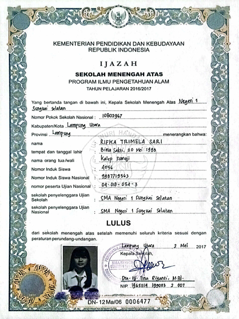 Ijazah Dan Transkrip Rifka | PDF