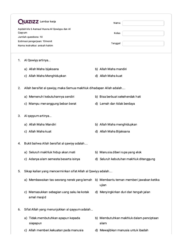 Aqidah Kls 5 Asmaul Husna Al Qowiyyu Dan Al Qayyum - Quizizz | PDF