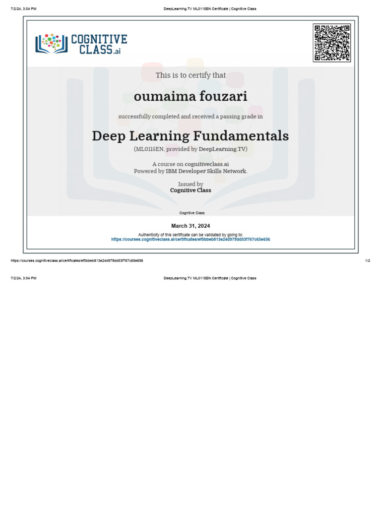 DeepLearning - TV ML0115EN Certificate - Cognitive Class | PDF