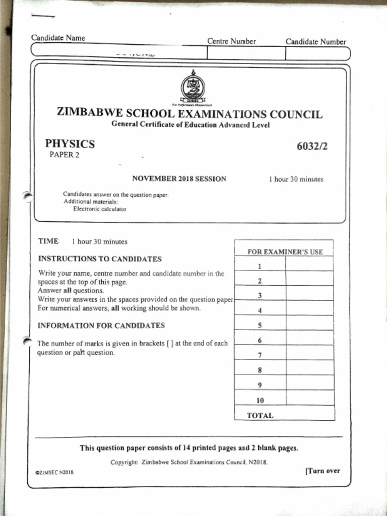 Zimsec A Level Physics P2 Nov 2018 question paper | PDF