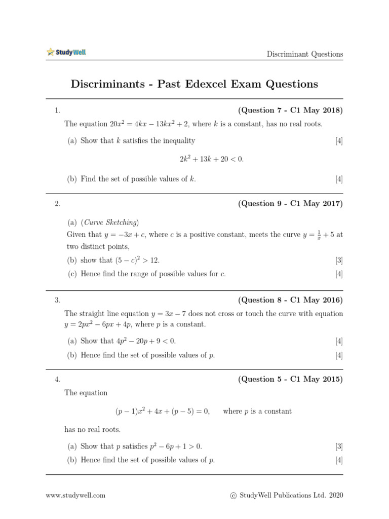 Discriminant Sex Am Questions Pdf