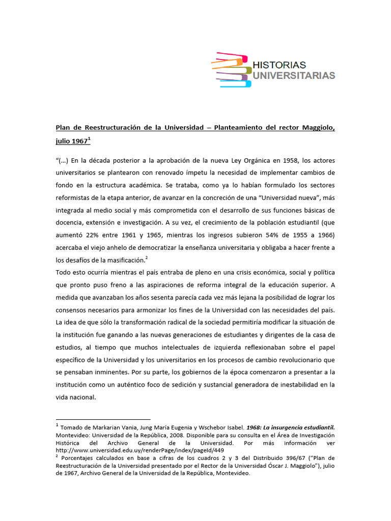 Plan de Reestructuracion de La Universidad Del Rector Maggiolo 1967 Final | PDF | Universidad ...