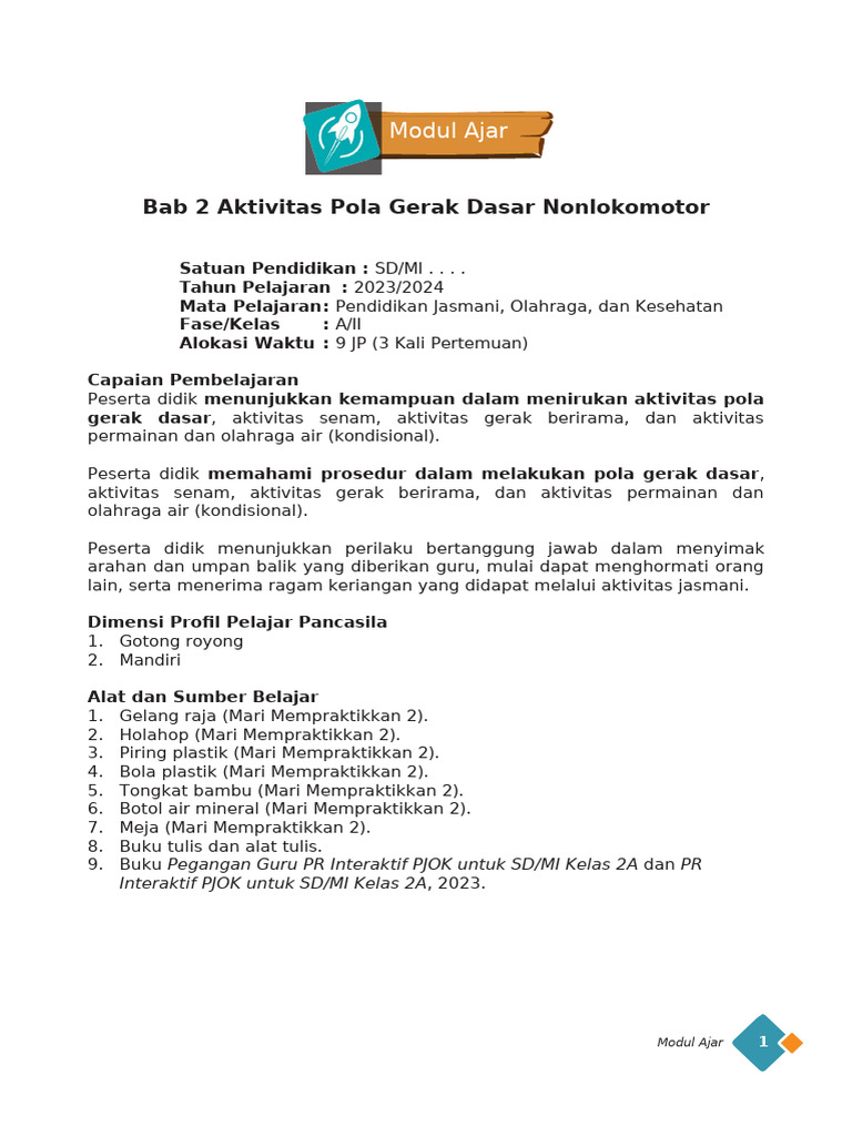 Modul Ajar PR PJOK 2A 2023-2024 Bab 2 | PDF
