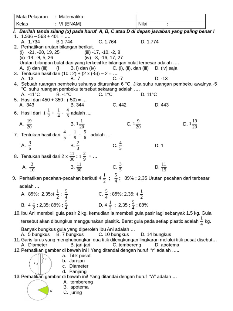 SOAL PAS 1 MTK KELAS VI K13 - WEBSITE WWW - Kherysuryawan.id | PDF