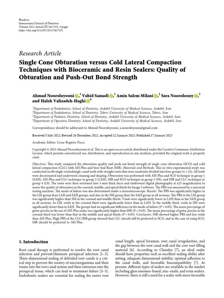 Single Cone Obturation Versus Cold Lateral Compact | PDF