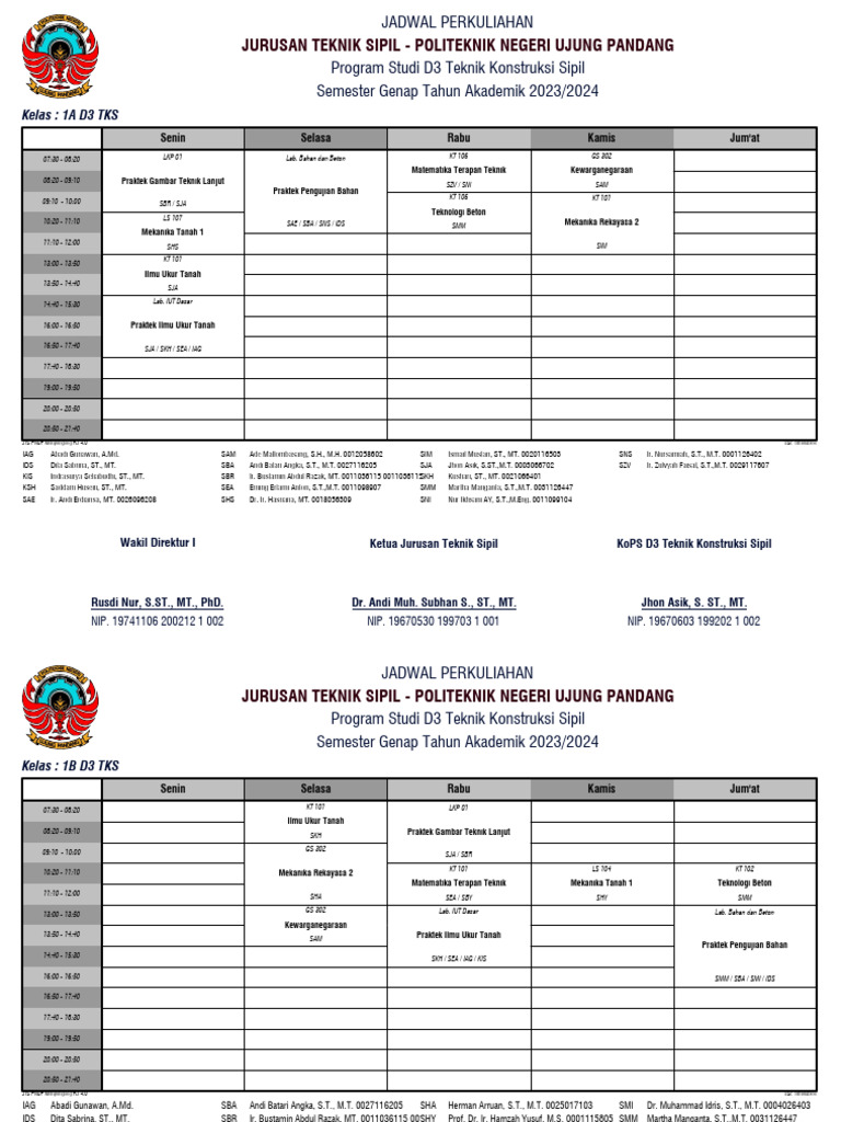 Jadwal Perkuliahan JTS Genap - 2023 - 2024 | PDF