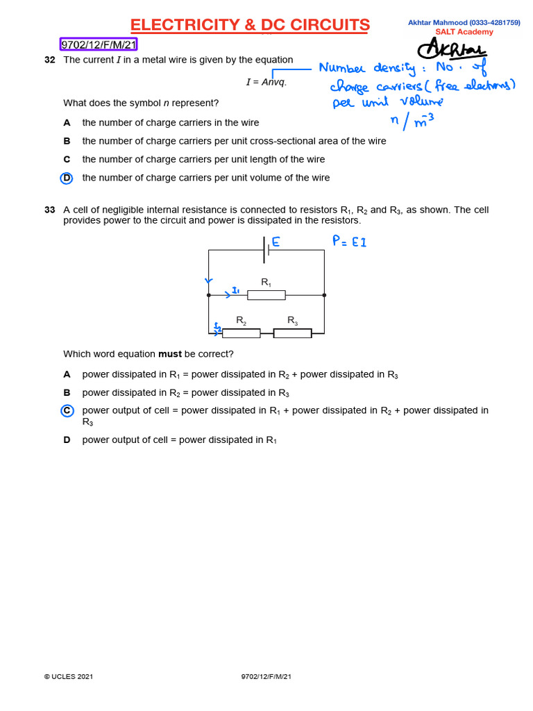 Electricity & DC Circuits 2021 Solutions | PDF