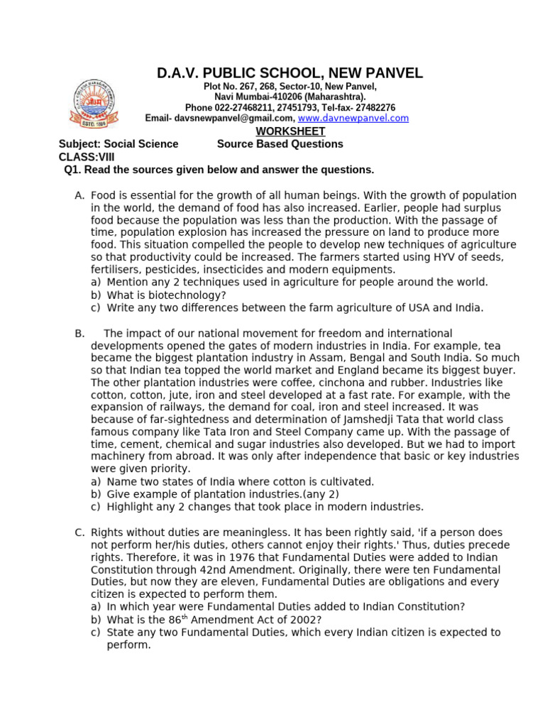 Class 8 Social Science Source Questions | PDF | Agriculture