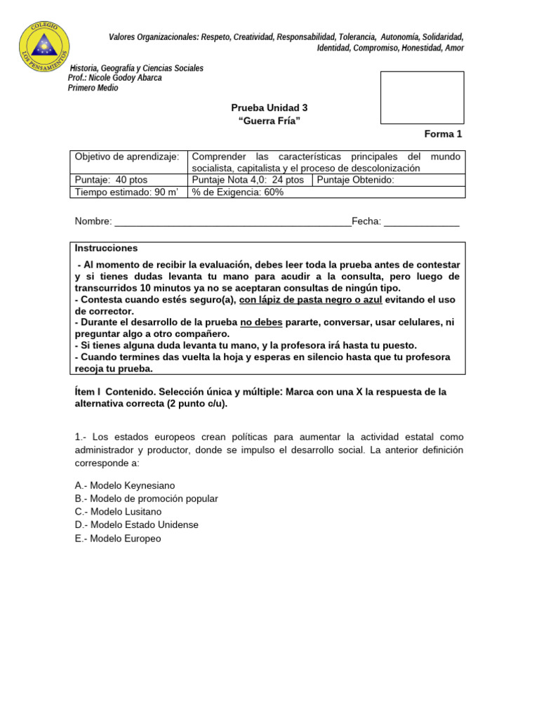 Prueba Guerra Fria f1 | PDF