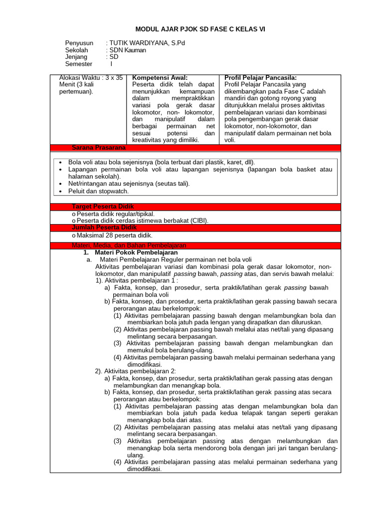 Modul Ajar Pjok SD Fase C Kelas Vi SMT 1 2024-2025 | PDF