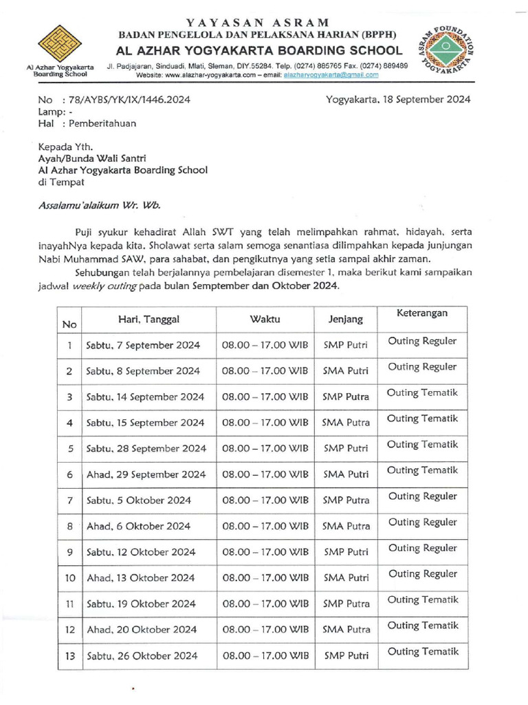 Surat Edaran Jadwal Weekly Outing | PDF
