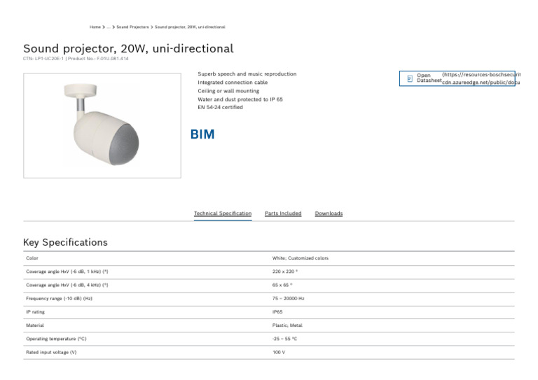 Bosch - Sound Projector, 20W, Uni-Directional - LP1-UC20E-1 | PDF
