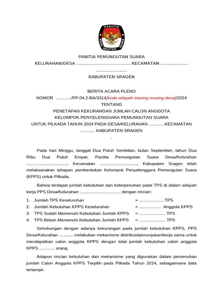 Berita Acara PPS-Kekurangan KPPS-Desa - Kec | PDF