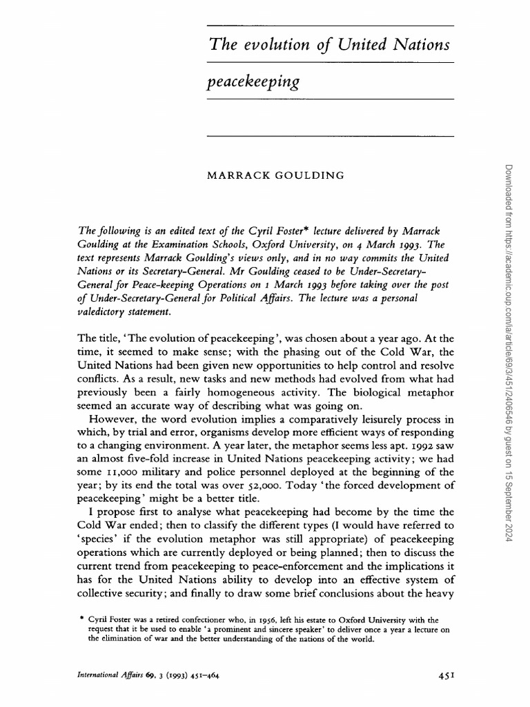 Marrack Goulding on Peacekeeping Evolution | PDF | Peacekeeping | Politics