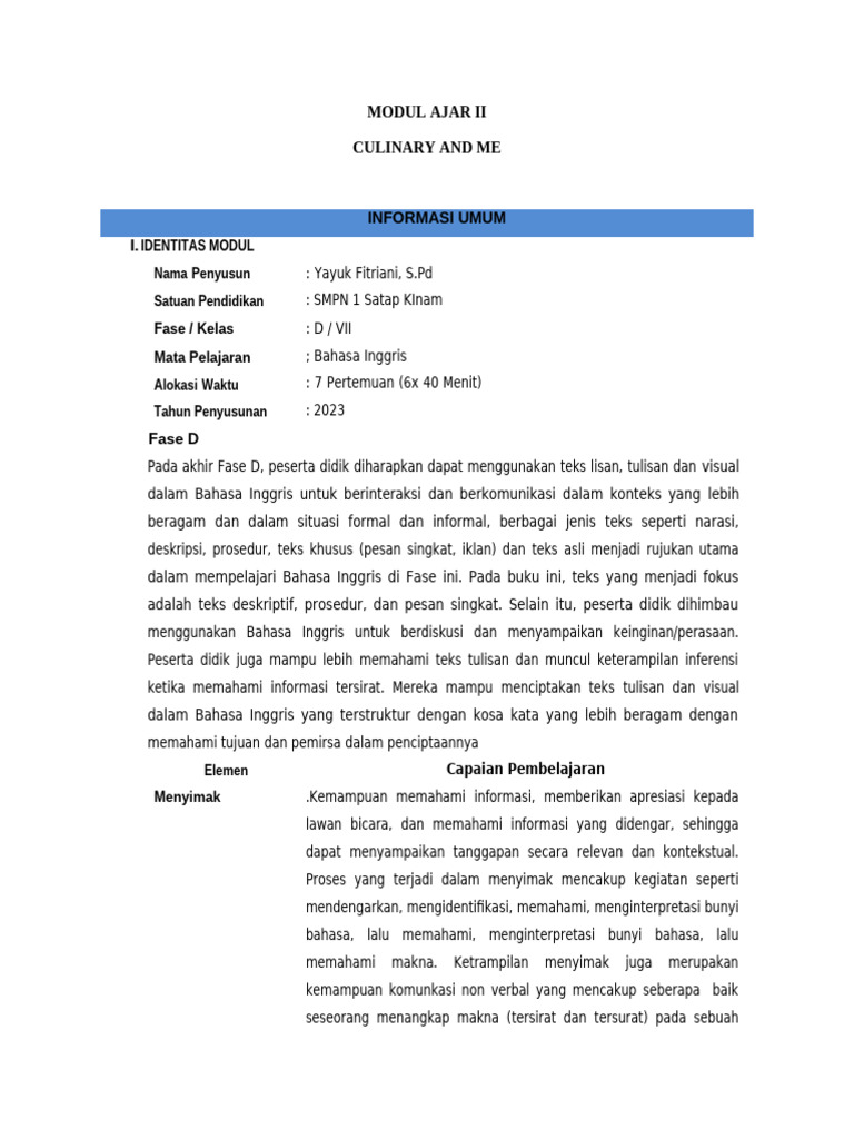 Modul Ajar Kelas 7. 2. Culinary and Me | PDF | Foods | Cuisine