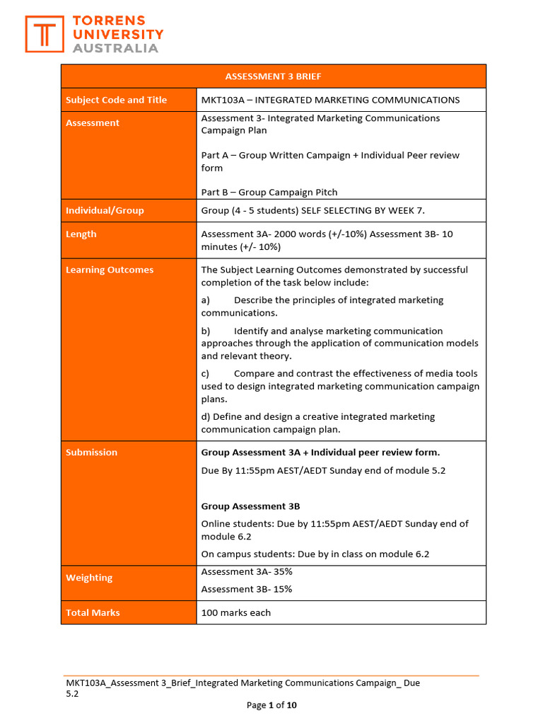 MKT103A Assessment 3 Brief | PDF