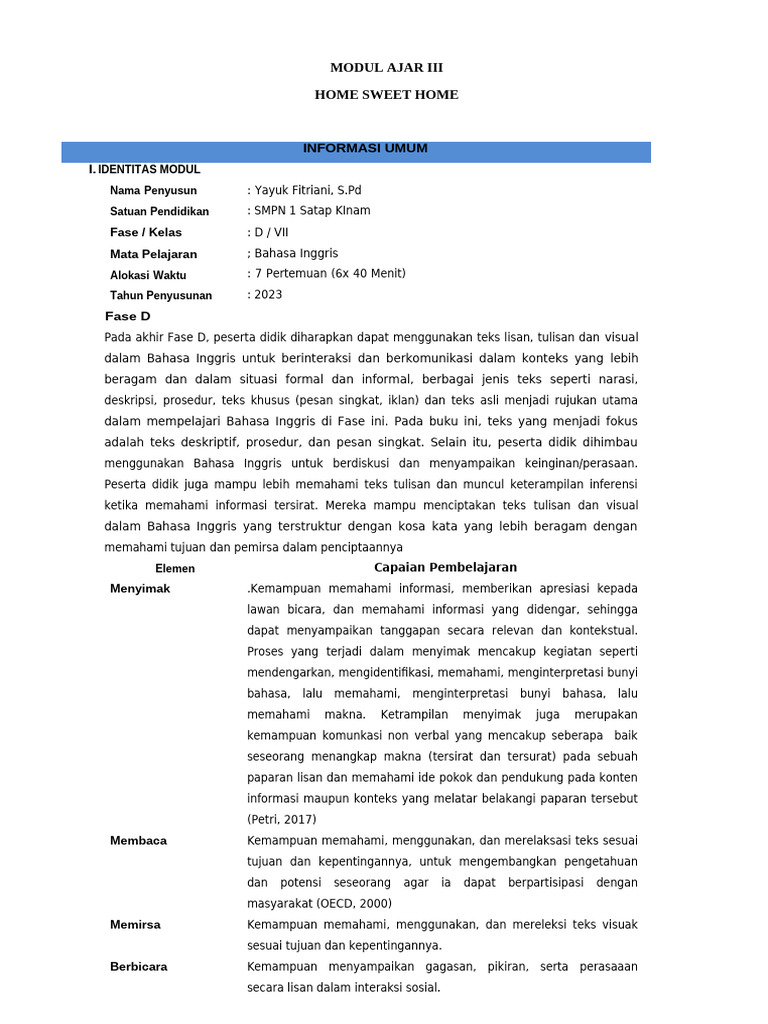 Modul Ajar Kelas 7. 3. Home Sweet Home | PDF