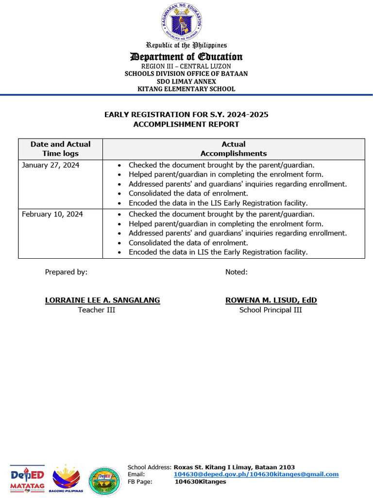 Early Registration Accomplishment Report 2025 | PDF | Philippines