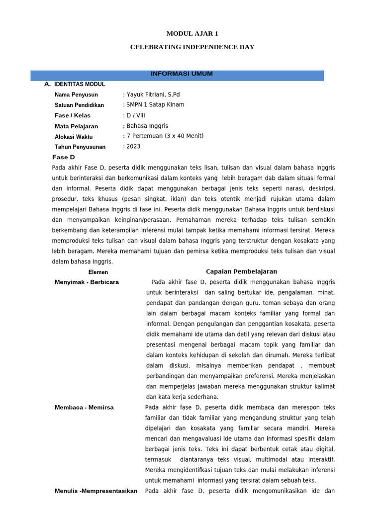 Modul Ajar Kelas 8. 1 - Independence Day | PDF