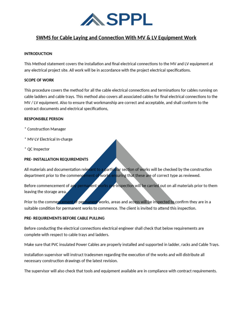 SWMS For Cable Laying and Connection With MV & LV Equipment Work | PDF