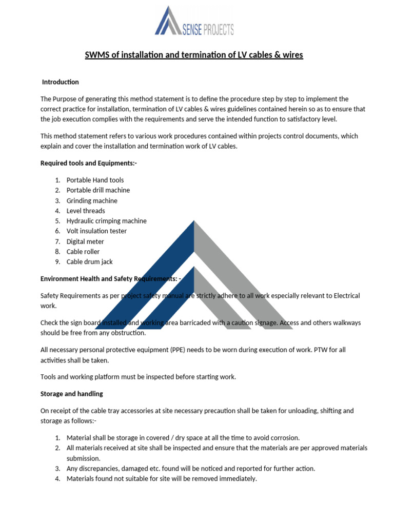 SWMS of Installation and Termination of LV Cables & Wires | PDF