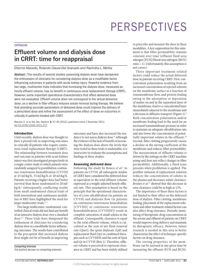 Effluent Volume and Dose Nature Clinical Practice in Nephrology | PDF ...