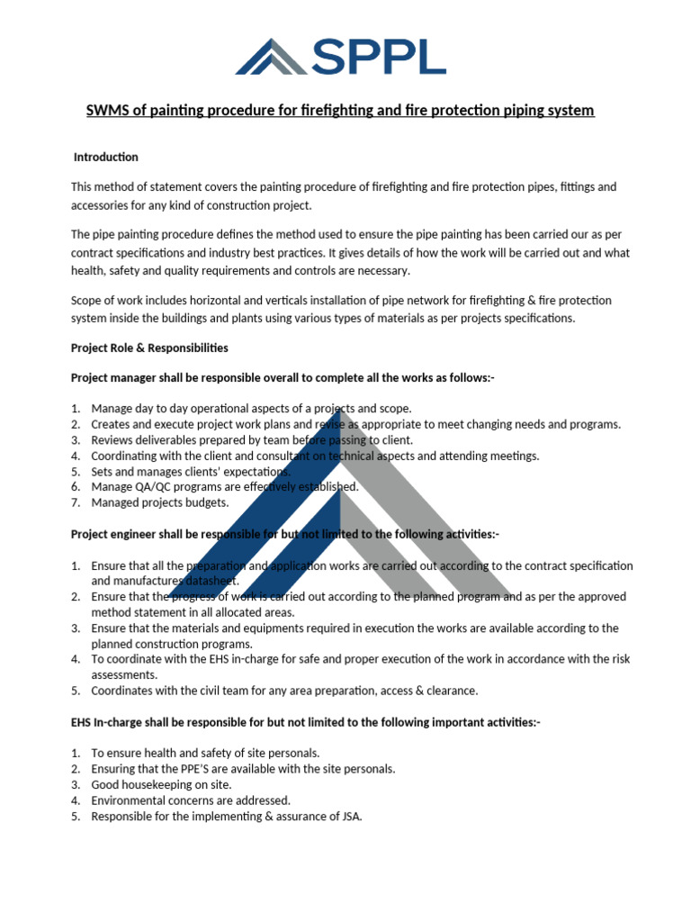 SWMS of Painting Procedure For Firefighting and Fire Protection Piping ...