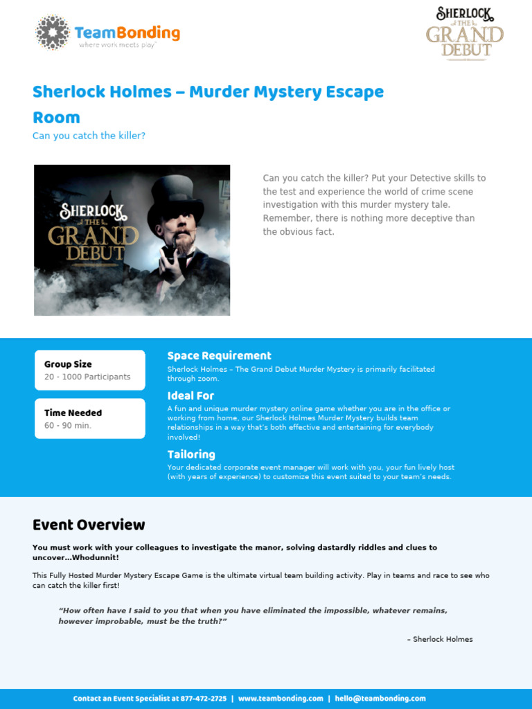 Sherlock Holmes – Murder Mystery Escape Room - TeamBonding | PDF