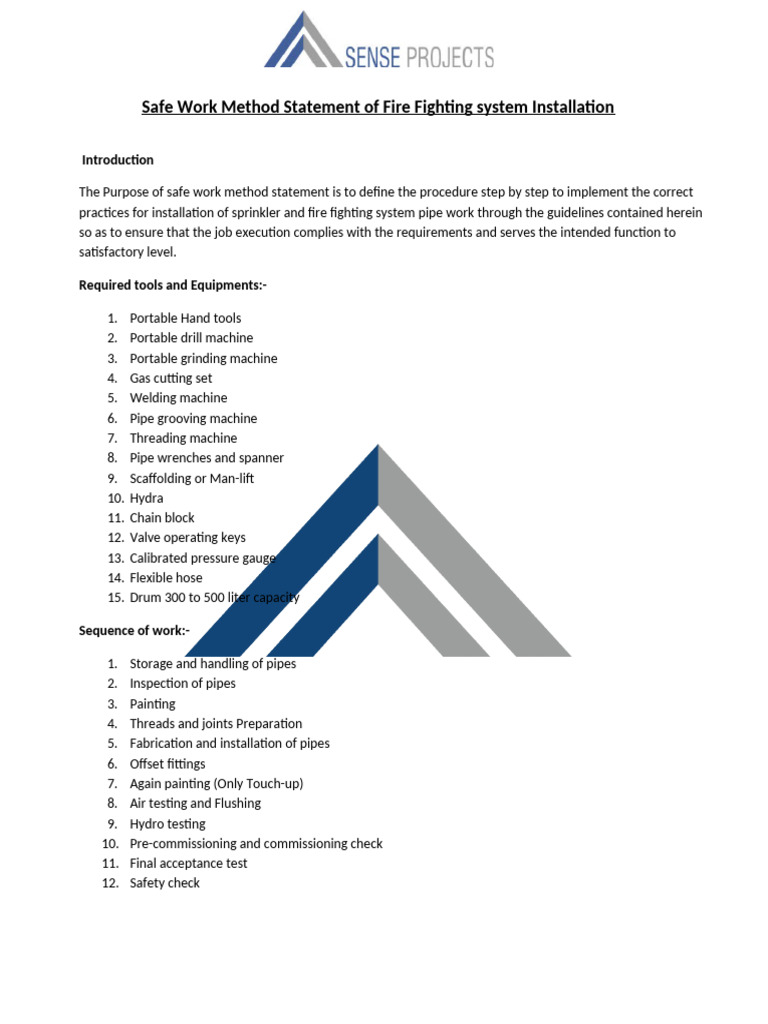 Safe Work Method Statement For Installation Of Sprinkler And Fire