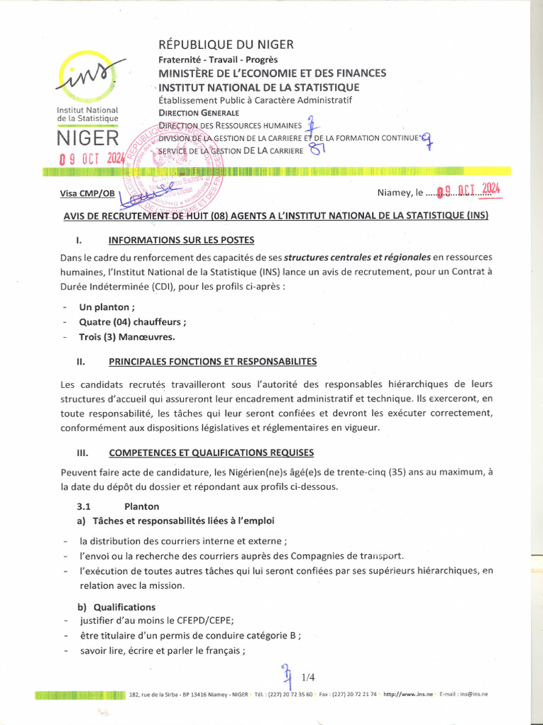 Avis Recrutement 8 Agents D'exécution INS Niger | PDF