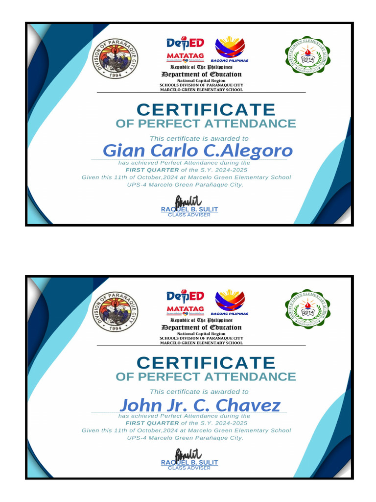 Cert - For Perfect Attendance | PDF