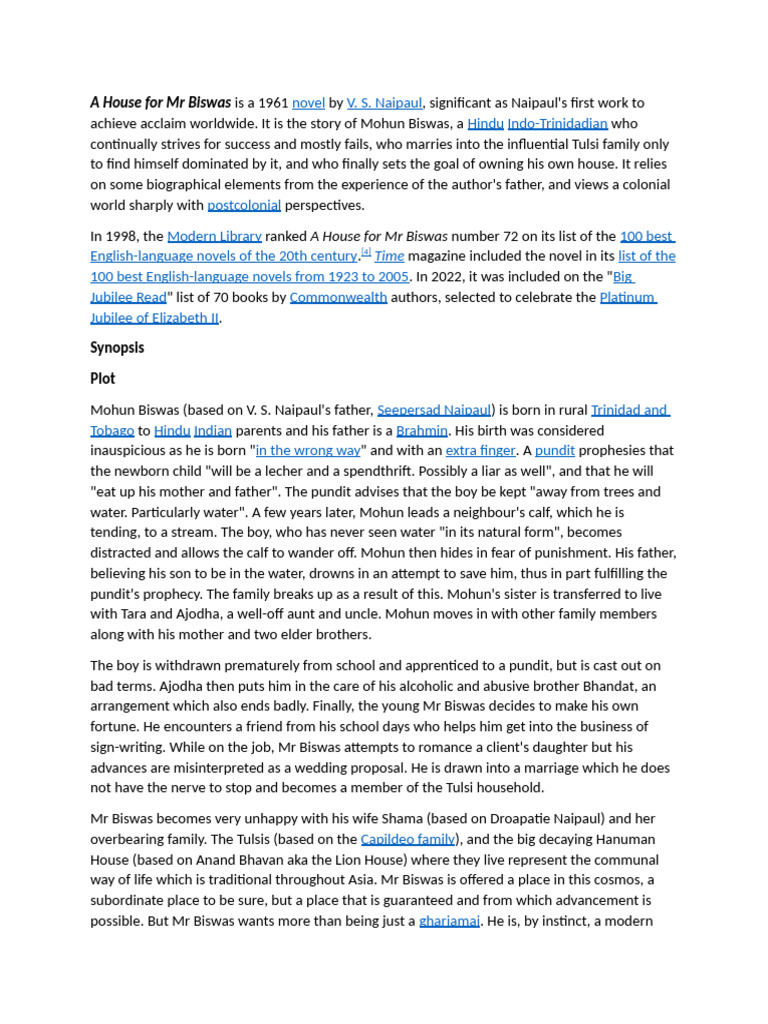 A House For MR Biswas | PDF