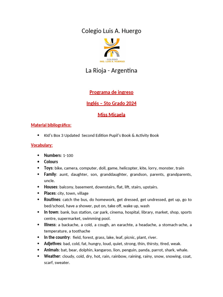 Programa Ingreso 5to Grado 2024 | PDF