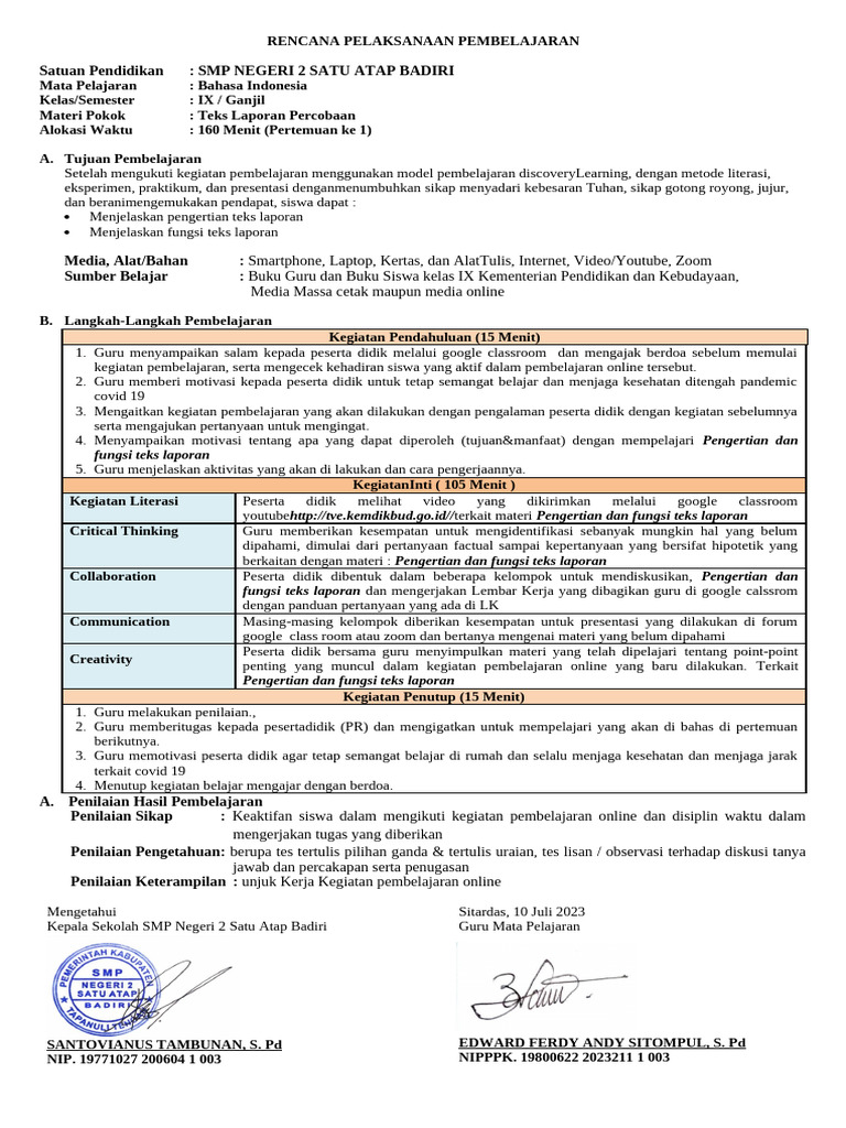 RPP 1 Teks Laporan Percobaan | PDF