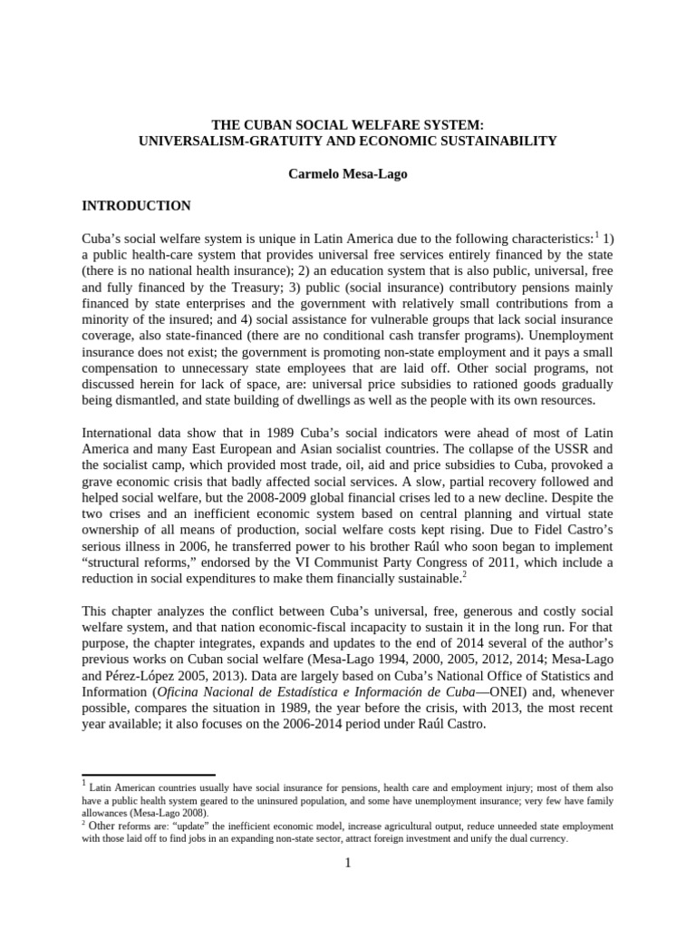 The Cuban Social Welfare System: Universalism-Gratuity and Economic ...