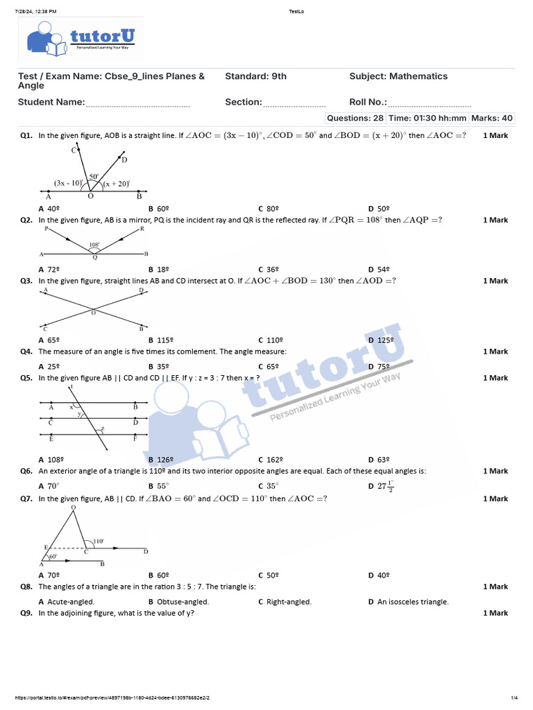 CBSE - 9 - MAths - Lines & Angles | PDF