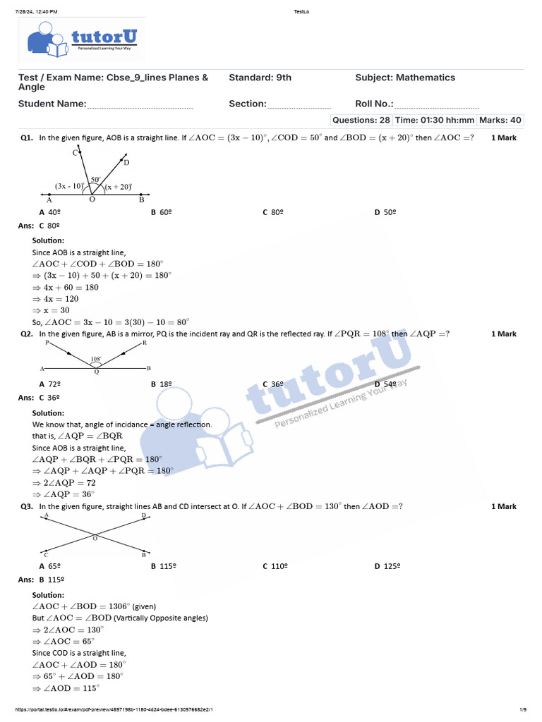 CBSE - 9 - MAths - Lines & Angles - AP | PDF
