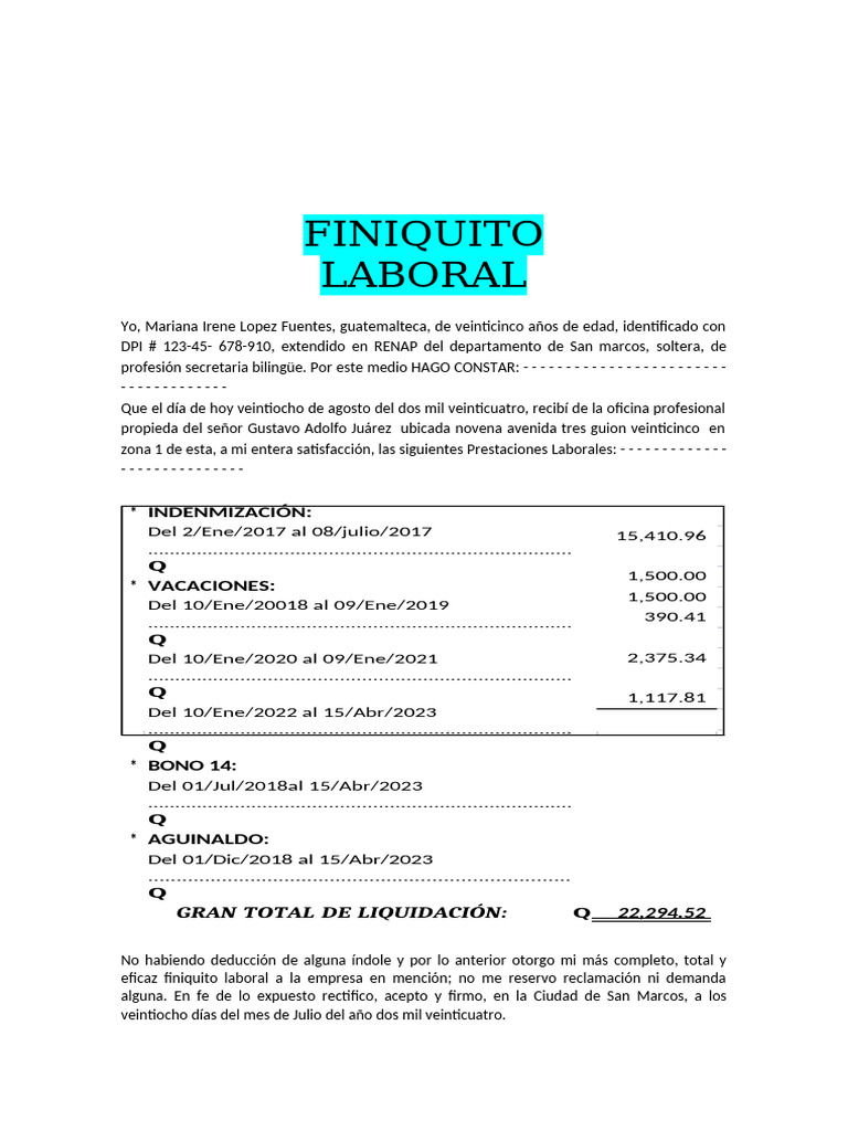 Finiquito Laboral Modelo | PDF