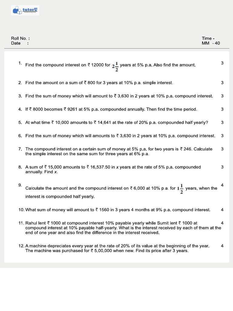ICSE - 9 - Maths - 2 Comound Intrest - QP | PDF
