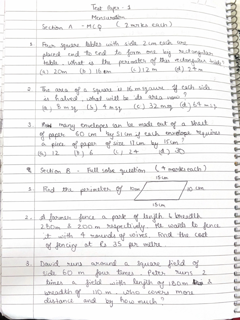 Mensuration Test Paper 1 | PDF