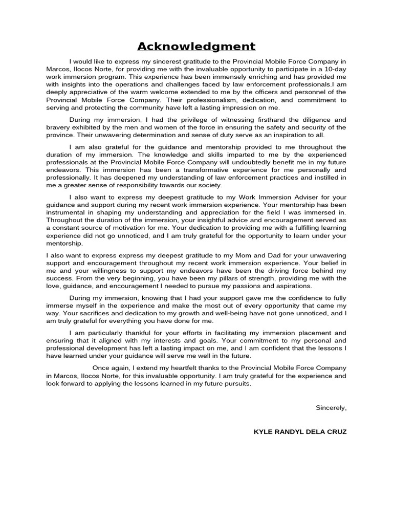 Acknowledgment Reflection Application Letter | PDF | Police | Social ...