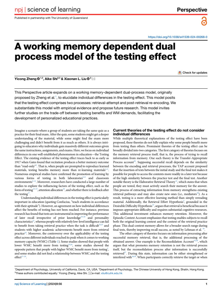 Science of Learning: A working memory dependent dual process model of ...