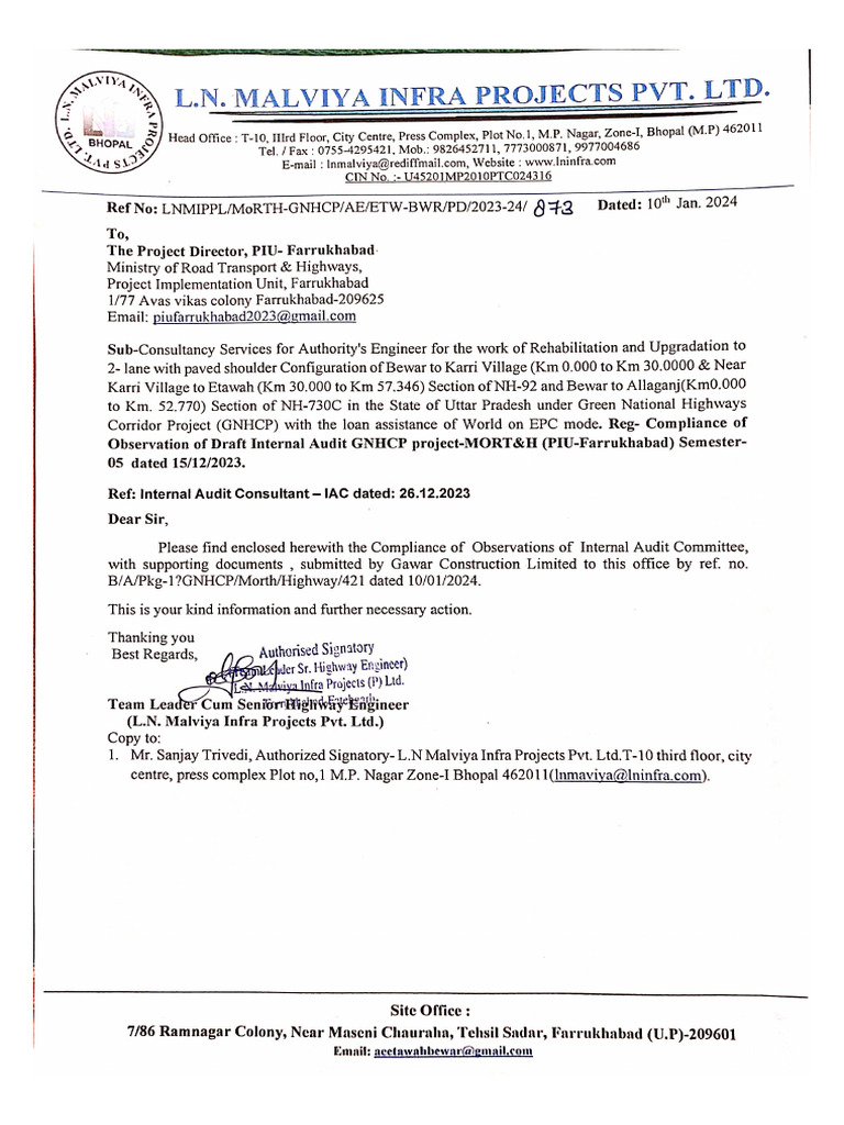 Letter No. 873 Compliance of Observation of Draft Internal Audit GNHCP ...