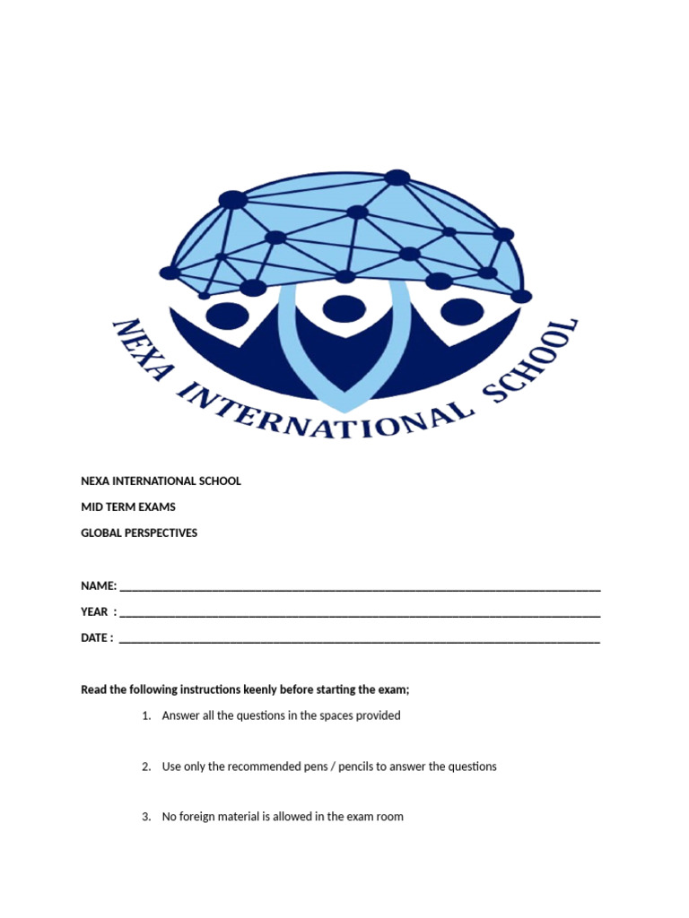 Year 7 and 8 Global Perspectives Mid Term Exam | PDF