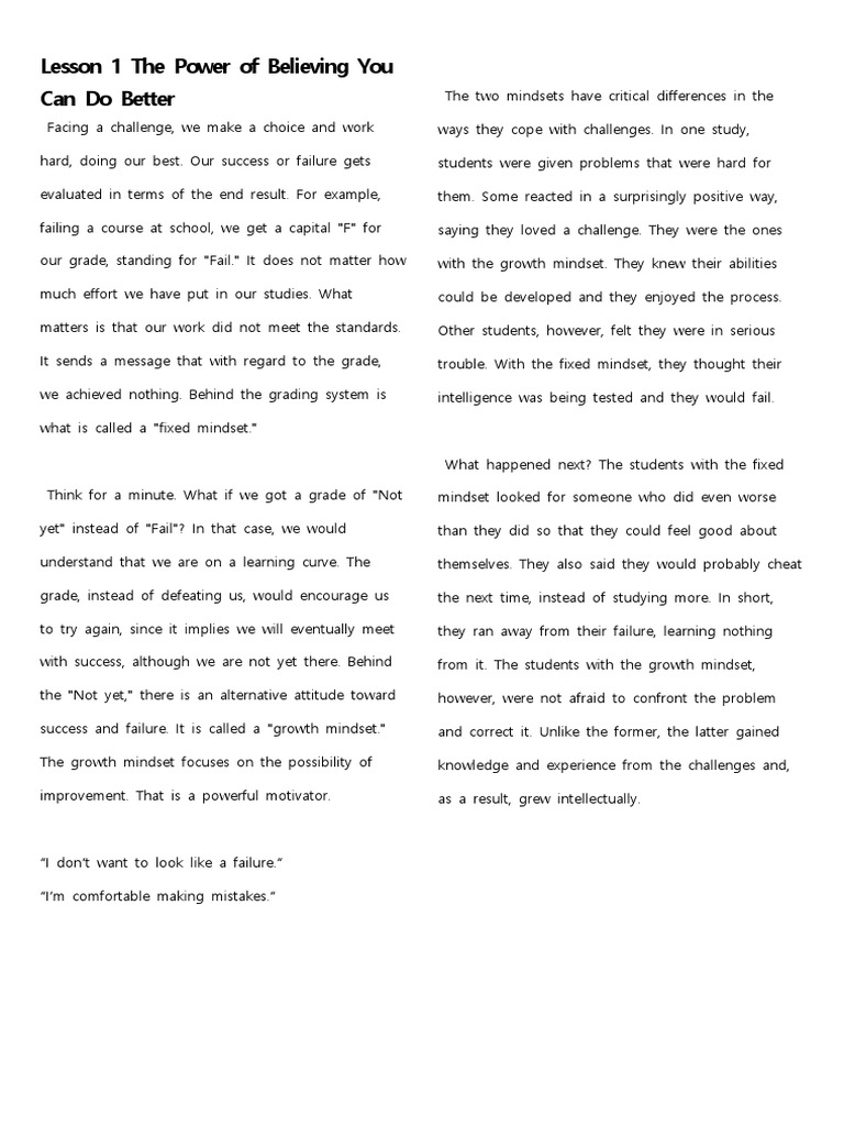 Lesson 1 The Power of Believing You Can Do Better | PDF