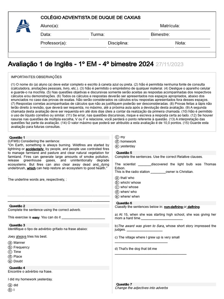 Prova 1º EM - 2024 | PDF