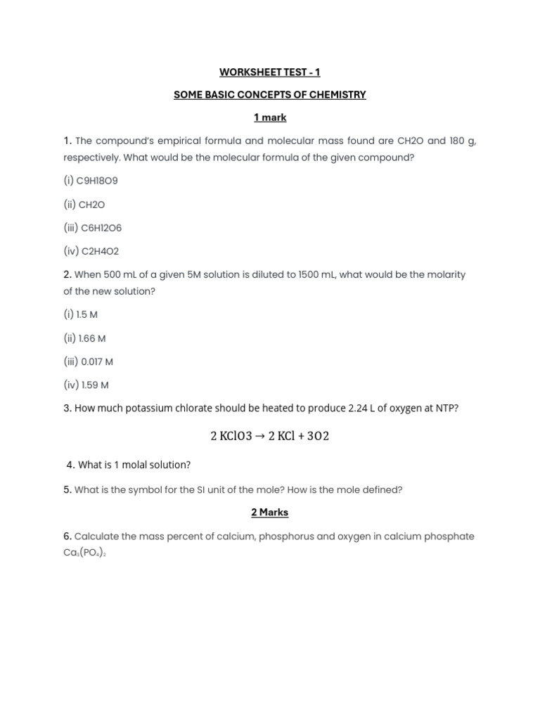 Worksheet Test - Xi (Some Basic Concepts of Chemistry) | PDF