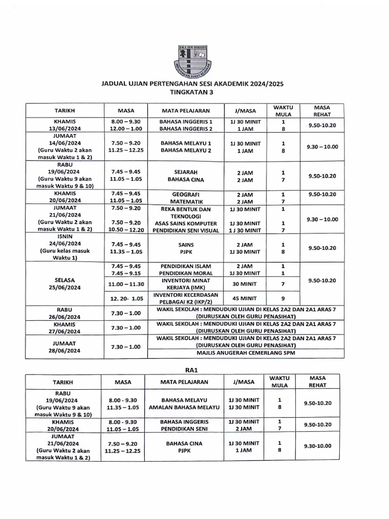 Jadual UPSA 2024 Ting 3 Dan RA1 | PDF