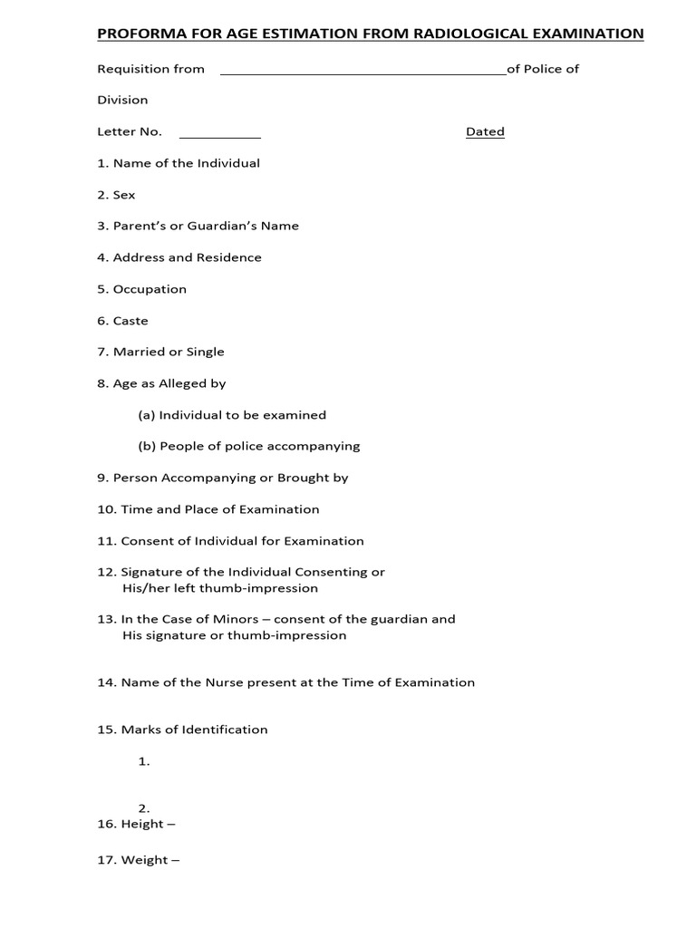 Proforma For Age Estimation From Radiological Examination | PDF